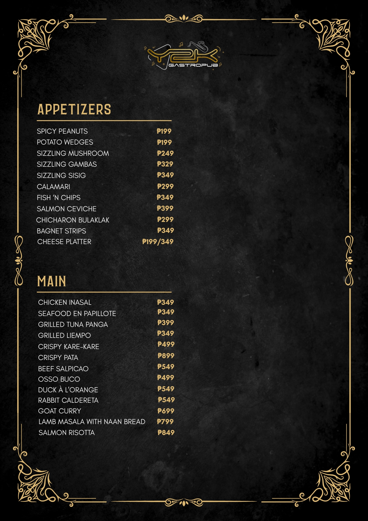 Menu | Y2K Gastropub Makati – Steaks, Cocktails & Wine